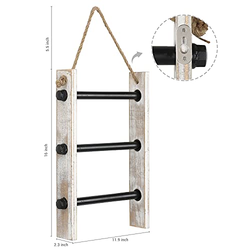 MyGift 3-Tiered Hanging Hand Towel Rack Ladder, Wall Mounted Whitewashed Wood and Industrial Pipe Bathroom Storage Towel Holder with Rope