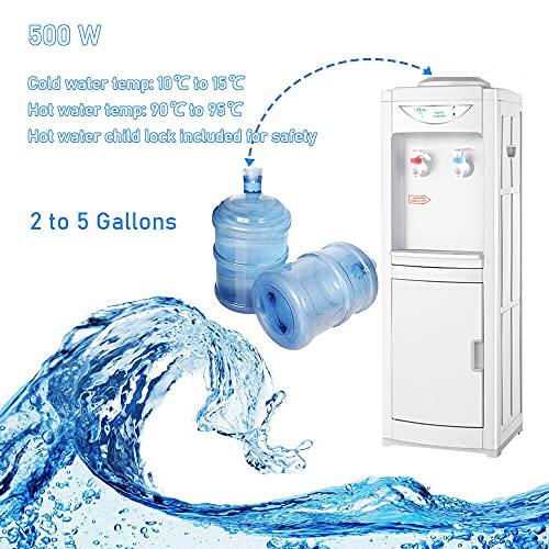 Water Cooler Dispenser, Hot&Cool Top Loading Water Dispenser 5 Gallons Water Coolers with Child Safety Lock Removable Drip Tray & Storage Cabinet