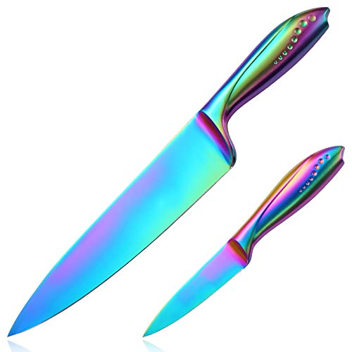 WELLSTAR Chef Knife Set of 2, Razor Sharp German Stainless Steel Blade and Ergonomic Comfortable Handle with Rainbow Titanium Coating, 8” Chef and 3.5” Paring for Kitchen Cutting – Gift Box Pack