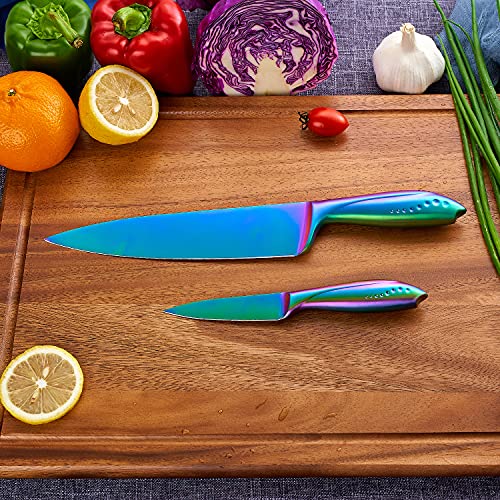 WELLSTAR Chef Knife Set of 2, Razor Sharp German Stainless Steel Blade and Ergonomic Comfortable Handle with Rainbow Titanium Coating, 8” Chef and 3.5” Paring for Kitchen Cutting – Gift Box Pack