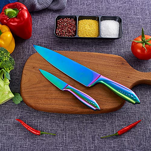 WELLSTAR Chef Knife Set of 2, Razor Sharp German Stainless Steel Blade and Ergonomic Comfortable Handle with Rainbow Titanium Coating, 8” Chef and 3.5” Paring for Kitchen Cutting – Gift Box Pack