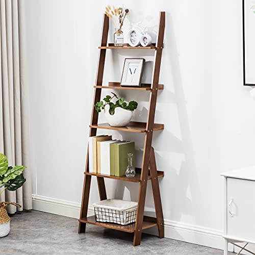 Maydear Bamboo Ladder Shelf, 5-Tier Trapezoid Bookshelf, Storage Rack Shelves, Wall Shelf Flower Stand, for Living Room, Kitchen, Office, Balcony