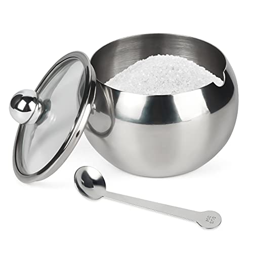 ASIKA Sugar Bowl, Stainless Steel Sugar Pot with Clear Lid and Spoon, Drum Shape Small Condiment Container for Home and Kitchen, 8.1 Ounces(240 Milliliter)