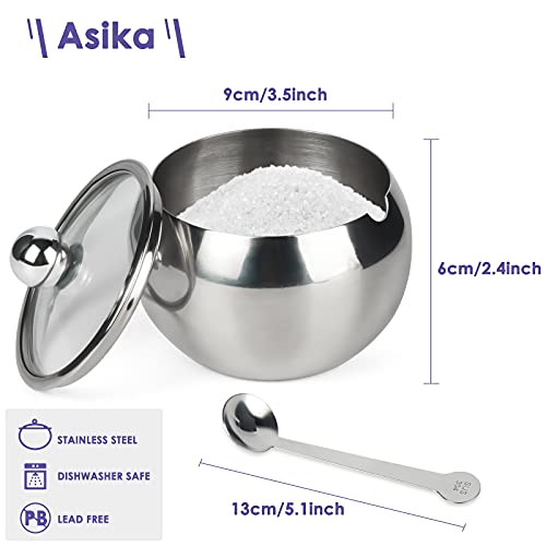 ASIKA Sugar Bowl, Stainless Steel Sugar Pot with Clear Lid and Spoon, Drum Shape Small Condiment Container for Home and Kitchen, 8.1 Ounces(240 Milliliter)