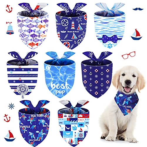 8 Pieces Nautical Dog Bandanas Summer Pets Bandana Ocean Pets Triangle Scarf Bibs Puppy Bibs Adjustable Dog Bandanas Washable Sea Turtle Pets Triangle Scarf Accessories for Most Pet Wearing