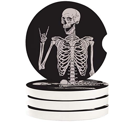 Funny Skeleton Cup Holders Car Coasters for Women/Men - 4 Pack Absorbent Ceramic Stone Drinks Automotive Cup Holders Coaster Set, Skull Skeleton Halloween Rock