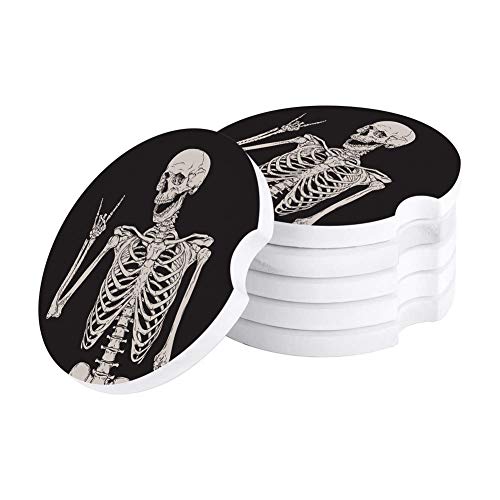 Funny Skeleton Cup Holders Car Coasters for Women/Men - 4 Pack Absorbent Ceramic Stone Drinks Automotive Cup Holders Coaster Set, Skull Skeleton Halloween Rock