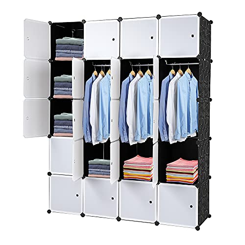 Portable Wardrobe Closet, Modular Plastic Clothes Storage Cabinet Chest w/ Doors, Organizer Cube DIY Bookshelf Combination Armoire for bedroom, living room, Black (20-Cube & 5 Hanging Section)