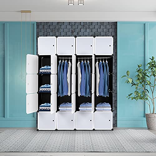 Portable Wardrobe Closet, Modular Plastic Clothes Storage Cabinet Chest w/ Doors, Organizer Cube DIY Bookshelf Combination Armoire for bedroom, living room, Black (20-Cube & 5 Hanging Section)