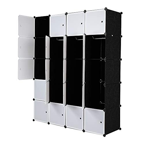 Portable Wardrobe Closet, Modular Plastic Clothes Storage Cabinet Chest w/ Doors, Organizer Cube DIY Bookshelf Combination Armoire for bedroom, living room, Black (20-Cube & 5 Hanging Section)