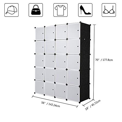 Portable Wardrobe Closet, Modular Plastic Clothes Storage Cabinet Chest w/ Doors, Organizer Cube DIY Bookshelf Combination Armoire for bedroom, living room, Black (20-Cube & 5 Hanging Section)