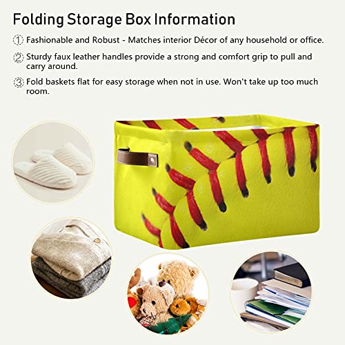 OTVEE Yellow Softball Printed Collapsible Storage Basket with Leather Handles Rectangle Fabric Storage Bin Organizer for Clothes Toy Storage Self Nursery Home Office,1 Piece