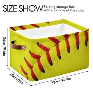 OTVEE Yellow Softball Printed Collapsible Storage Basket with Leather Handles Rectangle Fabric Storage Bin Organizer for Clothes Toy Storage Self Nursery Home Office,1 Piece