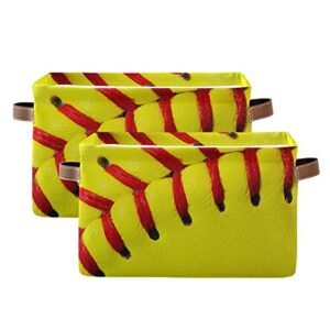 OTVEE Yellow Softball Printed Collapsible Storage Basket with Leather Handles Rectangle Fabric Storage Bin Organizer for Clothes Toy Storage Self Nursery Home Office,1 Piece