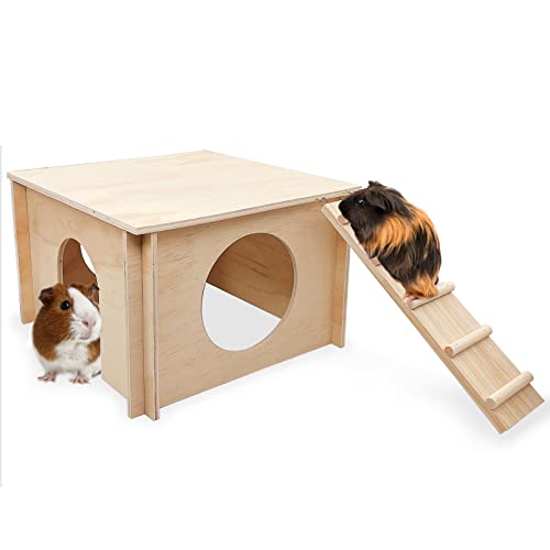 kathson Guinea Pig Hideout, Small Animal Hideaway Wooden House with Window and Ladder, Suitable for Hamsters, Chinchillas Small Animals