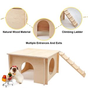 kathson Guinea Pig Hideout, Small Animal Hideaway Wooden House with Window and Ladder, Suitable for Hamsters, Chinchillas Small Animals