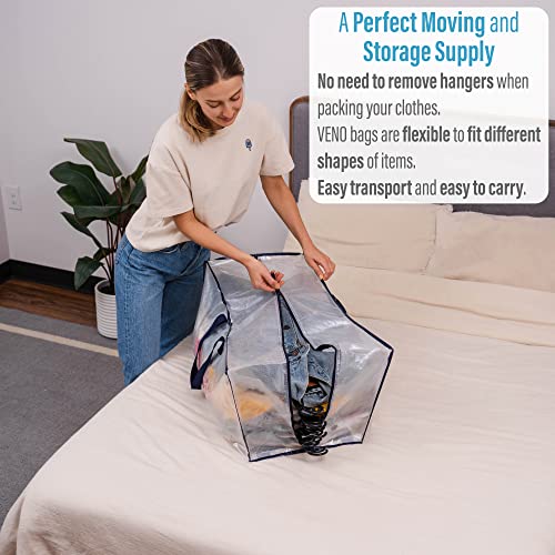 VENO 4 Pack Heavy Duty Extra Large Clear Moving Bags W/Backpack Straps Strong Handles & Zippers, Storage Totes For Space Saving, Fold Flat, Alternative to Moving Box (Clear, 4 Pack)