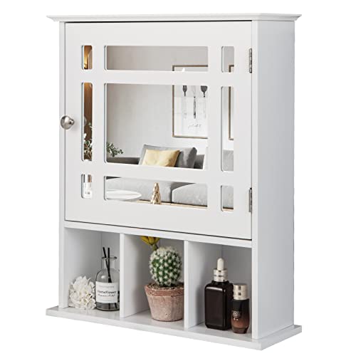 GOFLAME Bathroom Medicine Cabinet with Mirror, Wall Mounted Hanging Storage Organizer with Adjustable Shelf, Mirrored Storage Cabinet for Indoor Bathroom (White)