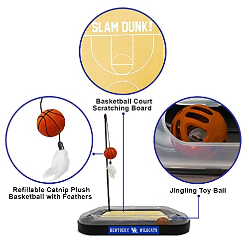 Cat Scratch Toy NCAA KENTUCKY Wildcats REVERSIBLE Basketball Court Felt/Cardboard Cat Scratcher Toy. Interactive Cat Ball Bell in Tracks. 6-in-1 CAT TOY: Cat Wand Poll, CATNIP-FILLED Plush Basketball