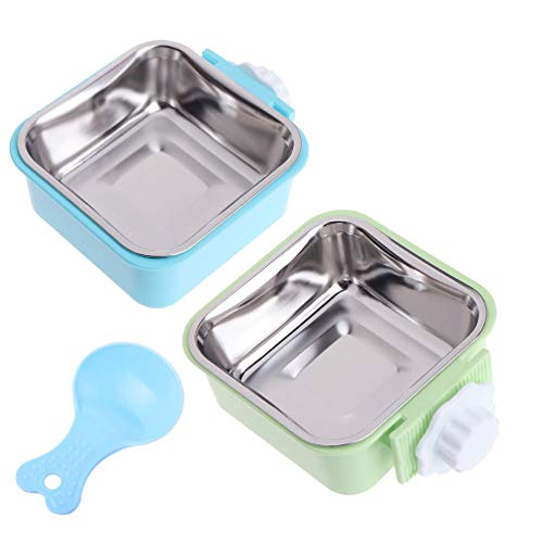 Crate Dog Bowl, Removable Stainless Steel Water Food Feeder Bowls Hanging Pet Cage Bowl Cage Coop Cup for Dogs Cats Puppy Rabbits Bird and Small Pets (Samll (Pack of 2), Square (Blue+Green))