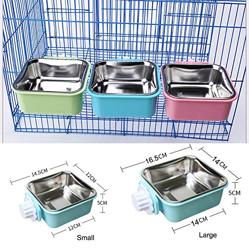 Crate Dog Bowl, Removable Stainless Steel Water Food Feeder Bowls Hanging Pet Cage Bowl Cage Coop Cup for Dogs Cats Puppy Rabbits Bird and Small Pets (Samll (Pack of 2), Square (Blue+Green))