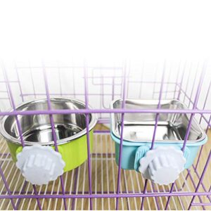 Crate Dog Bowl, Removable Stainless Steel Water Food Feeder Bowls Hanging Pet Cage Bowl Cage Coop Cup for Dogs Cats Puppy Rabbits Bird and Small Pets (Samll (Pack of 2), Square (Blue+Green))