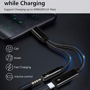 USB C to 3.5mm Headphone and Charger Adapter, 2 IN 1 Type C to Hi-Res DAC Aux Audio Jack PD 60W Fast Charge Dongle Fit with Galaxy S23 S22 S21 Ultra Note 20, Pixel 7 6 5XL 4, iPad/MacBook Pro/Air