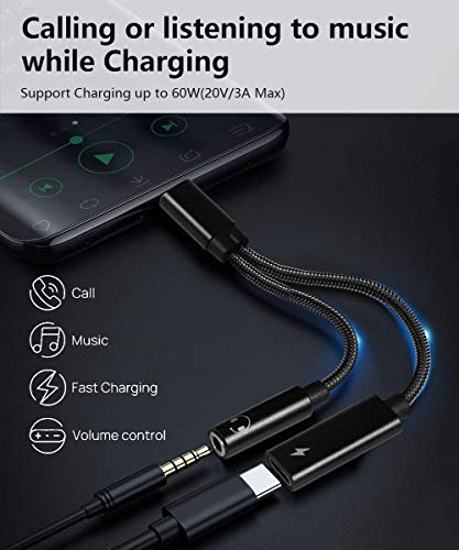 USB C to 3.5mm Headphone and Charger Adapter, 2 IN 1 Type C to Hi-Res DAC Aux Audio Jack PD 60W Fast Charge Dongle Fit with Galaxy S23 S22 S21 Ultra Note 20, Pixel 7 6 5XL 4, iPad/MacBook Pro/Air