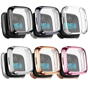 [6 pack] mugust screen protector compatible with fitbit versa 2 case, tpu plated full around protective case cover (black, space gray, silver, rose gold, rose pink, clear)