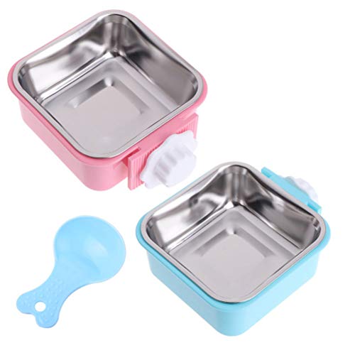 Crate Dog Bowl, Removable Stainless Steel Water Food Feeder Bowls Hanging Pet Cage Bowl Cage Coop Cup for Dogs Cats Puppy Rabbits Bird and Small Pets (Large (Pack of 2), Square (Blue+Pink))