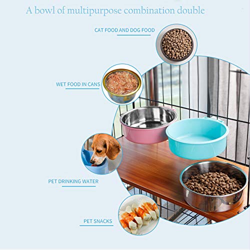 Crate Dog Bowl, Removable Stainless Steel Water Food Feeder Bowls Hanging Pet Cage Bowl Cage Coop Cup for Dogs Cats Puppy Rabbits Bird and Small Pets (Large (Pack of 2), Square (Blue+Pink))