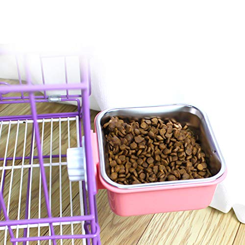 Crate Dog Bowl, Removable Stainless Steel Water Food Feeder Bowls Hanging Pet Cage Bowl Cage Coop Cup for Dogs Cats Puppy Rabbits Bird and Small Pets (Large (Pack of 2), Square (Blue+Pink))