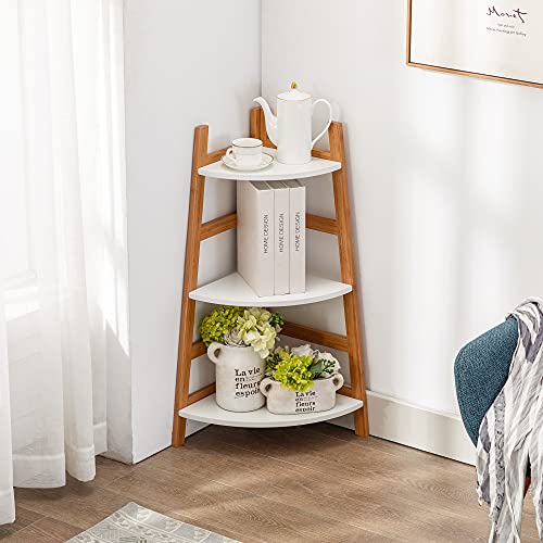 Forevich Bamboo Corner Shelf 3 Tier Ladder Storage Bathroom Shelf for Home Office Rack for Display Corner