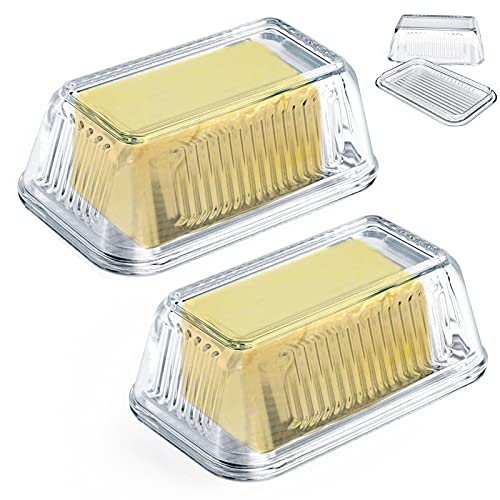 ZEAYEA 2 Pack Glass Butter Dish with Lid, Glass Butter Keeper, 100% Food Safe Clear Butter Serving Dish with Cover for Cream Cheese, Cake, Salad, Candy, Hold 2 Standard Stick Butter