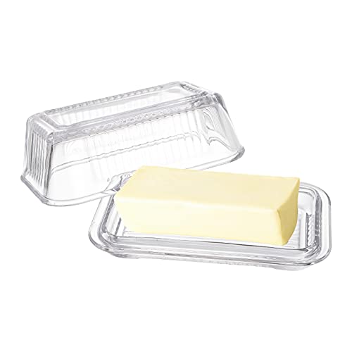 ZEAYEA 2 Pack Glass Butter Dish with Lid, Glass Butter Keeper, 100% Food Safe Clear Butter Serving Dish with Cover for Cream Cheese, Cake, Salad, Candy, Hold 2 Standard Stick Butter