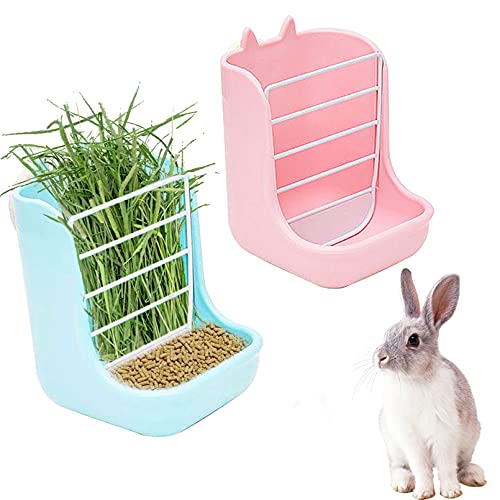 Hamiledyi Rabbit Hay Feeders Rack 2 in 1 Feeder Bowls Double Bunny Feed Holder Grass Food for Small Animal Supplies Chinchillas Guinea Pig Hamsters (Pink and Blue) 2 Pcs