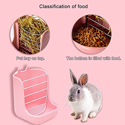 Hamiledyi Rabbit Hay Feeders Rack 2 in 1 Feeder Bowls Double Bunny Feed Holder Grass Food for Small Animal Supplies Chinchillas Guinea Pig Hamsters (Pink and Blue) 2 Pcs