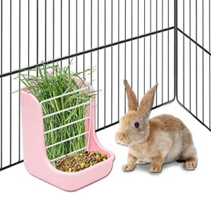 Hamiledyi Rabbit Hay Feeders Rack 2 in 1 Feeder Bowls Double Bunny Feed Holder Grass Food for Small Animal Supplies Chinchillas Guinea Pig Hamsters (Pink and Blue) 2 Pcs