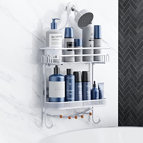 Smatorga Hanging Shower Caddy over Shower Head, Anti-Swing Stainless Steel Shower Organizer with 13 Hooks, Extra Large Storage Space for Razor Shampoo Holder Silver Shower Rack Rustproof