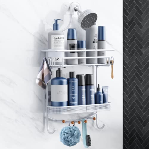 Smatorga Hanging Shower Caddy over Shower Head, Anti-Swing Stainless Steel Shower Organizer with 13 Hooks, Extra Large Storage Space for Razor Shampoo Holder Silver Shower Rack Rustproof