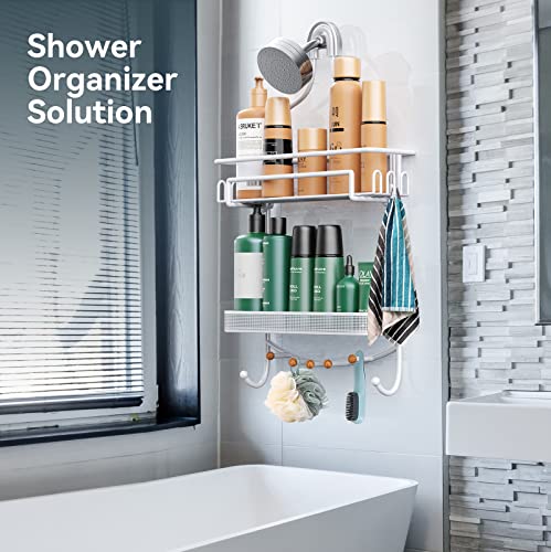 Smatorga Hanging Shower Caddy over Shower Head, Anti-Swing Stainless Steel Shower Organizer with 13 Hooks, Extra Large Storage Space for Razor Shampoo Holder Silver Shower Rack Rustproof