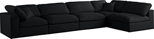 Meridian Furniture Plush Collection Contemporary Down Filled Cloud-Like Comfort Overstuffed Velvet Upholstered Modular L-Shaped Sectional, 5-Seater, Semi-Armless, Black