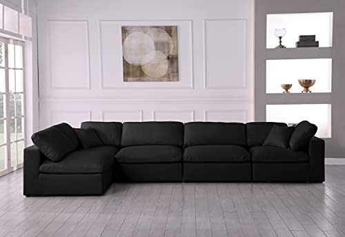 Meridian Furniture Plush Collection Contemporary Down Filled Cloud-Like Comfort Overstuffed Velvet Upholstered Modular L-Shaped Sectional, 5-Seater, Semi-Armless, Black