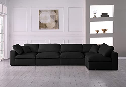 Meridian Furniture Plush Collection Contemporary Down Filled Cloud-Like Comfort Overstuffed Velvet Upholstered Modular L-Shaped Sectional, 5-Seater, Semi-Armless, Black