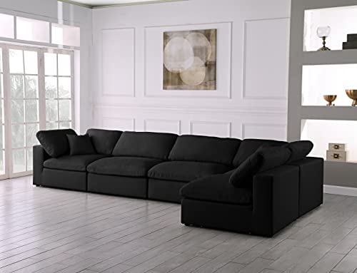 Meridian Furniture Plush Collection Contemporary Down Filled Cloud-Like Comfort Overstuffed Velvet Upholstered Modular L-Shaped Sectional, 5-Seater, Semi-Armless, Black