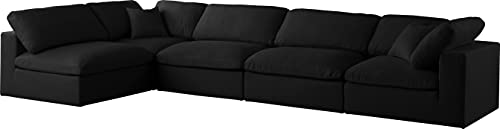 Meridian Furniture Plush Collection Contemporary Down Filled Cloud-Like Comfort Overstuffed Velvet Upholstered Modular L-Shaped Sectional, 5-Seater, Semi-Armless, Black