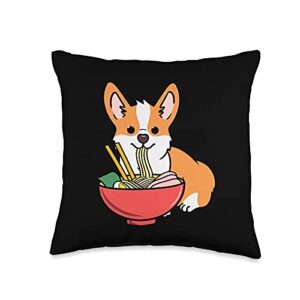 corgi eating ramen throw pillow, 16x16, multicolor