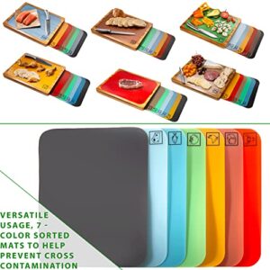 Seville Classics Bamboo Premium Wood Cutting Board Serving Tray w/ 7 Color-Coded BPA-Free Mats, for Chopping Bread, Cheese, Fruits, Vegetables, Meats, Charcuterie (PATENTED), Bamboo (NEW MODEL)