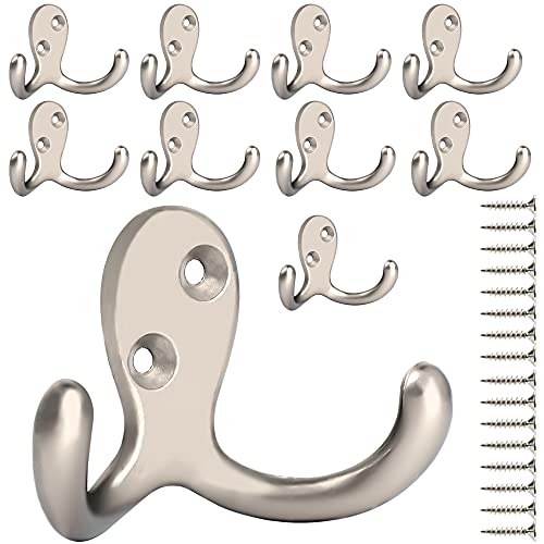 10 Pack Heavy Duty Double Prong Coat Hooks Wall Mounted with 20 Screws Retro Double Hooks Utility Hooks for Coat, Scarf, Bag, Towel, Key, Cap, Cup, Hat