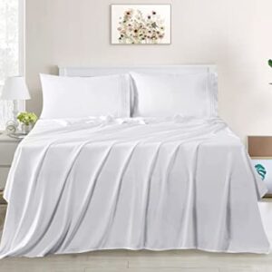 wavveUziz Bed Sheet Set Super Soft 100% Microfiber Sheet 1800 Brushed Microfiber Embroidered King Size Bed Sheets 16-Inch Deep Pocket - 4 Piece, White